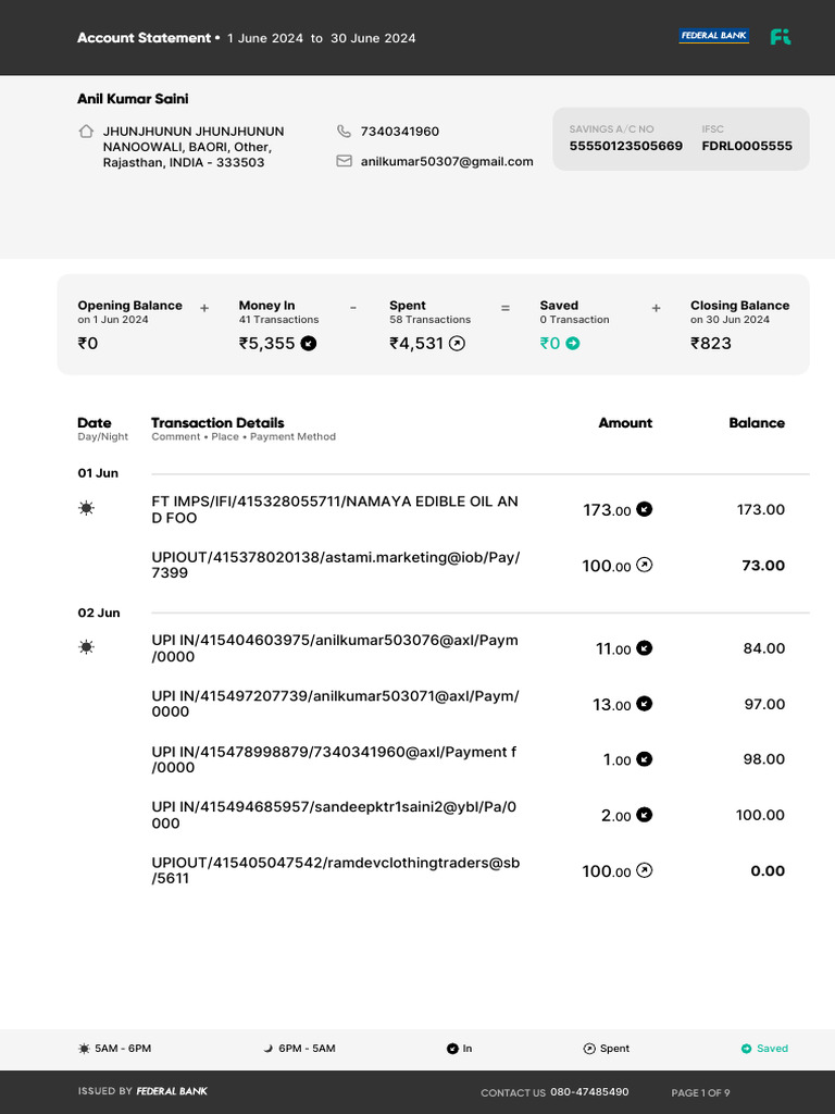 Federal Bank June 2024 Statement | PDF | Payments | Money