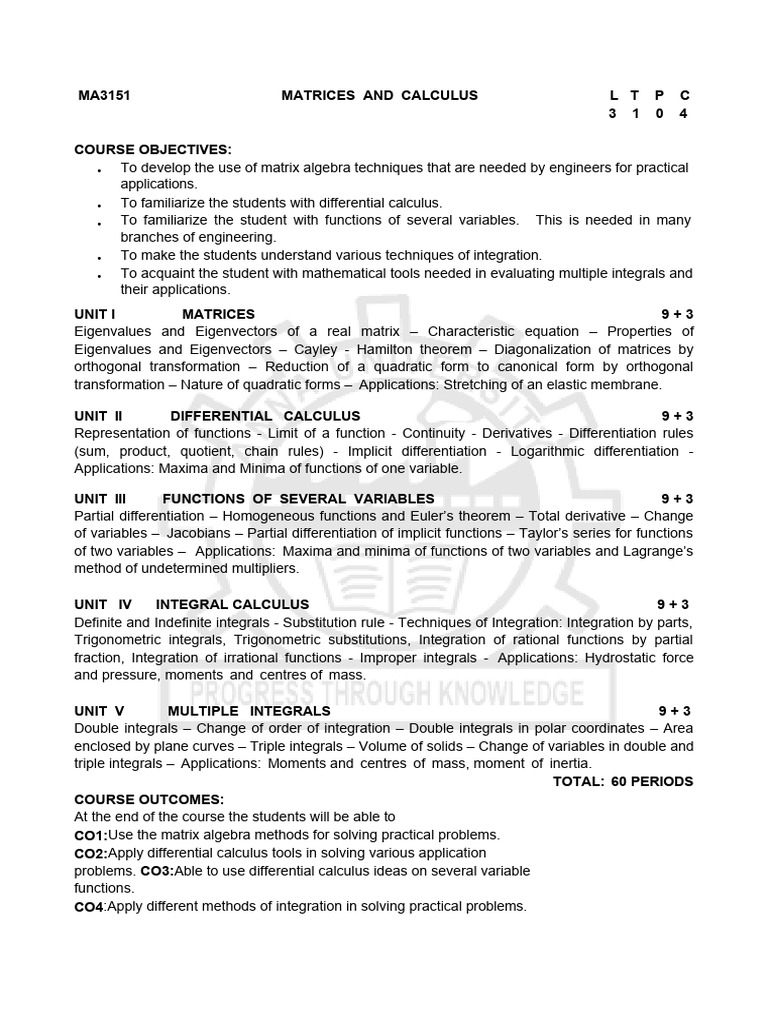 Ma3151matrices and Calculusl TPC | PDF | Integral | Matrix (Mathematics)