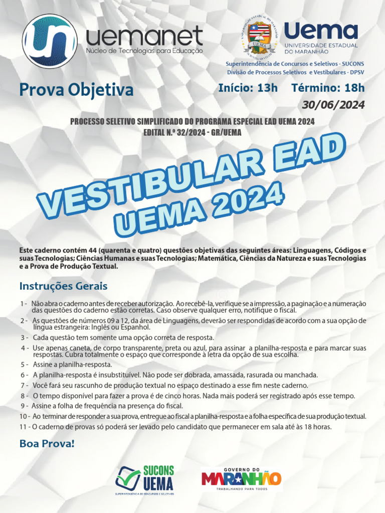 Prova Ead Uema 2024 Edital 32 - 2024 GR Uema | PDF | Agricultura | Moralidade