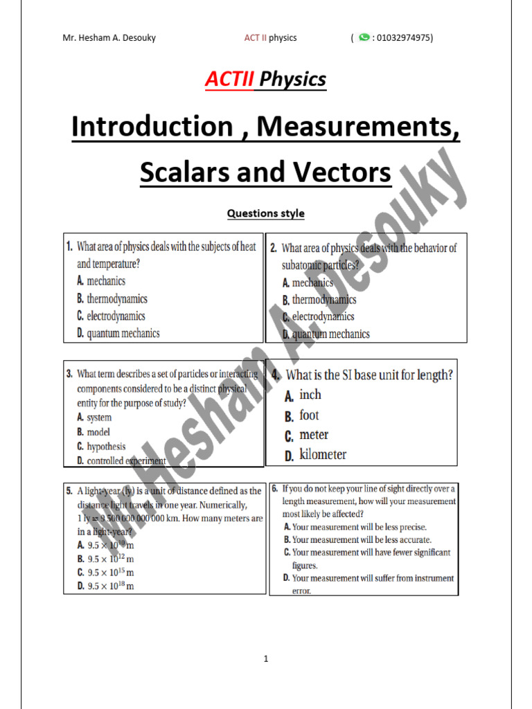 1 - ACT Meausrements, Scalars and Vectors. | PDF | Euclidean Vector | International System Of Units