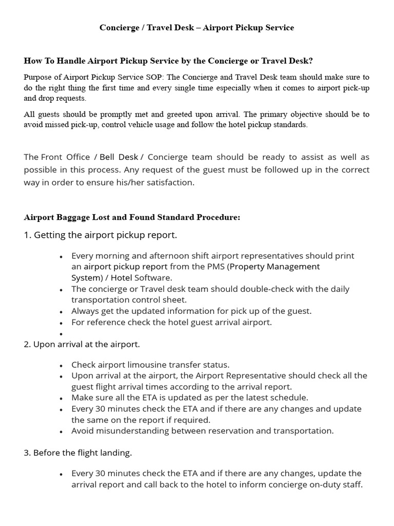 SOP For Concierge Travel Desk Airport Pickup Service | PDF | Airport | Transport