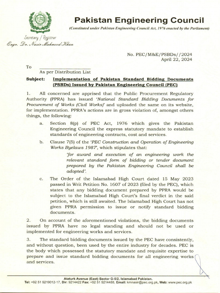 PEC Letter On SBDs Issued by PPRA | PDF