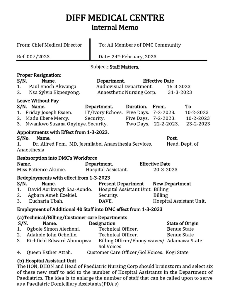 DMC Staff Updates & Changes | PDF | Medicine | Health Care