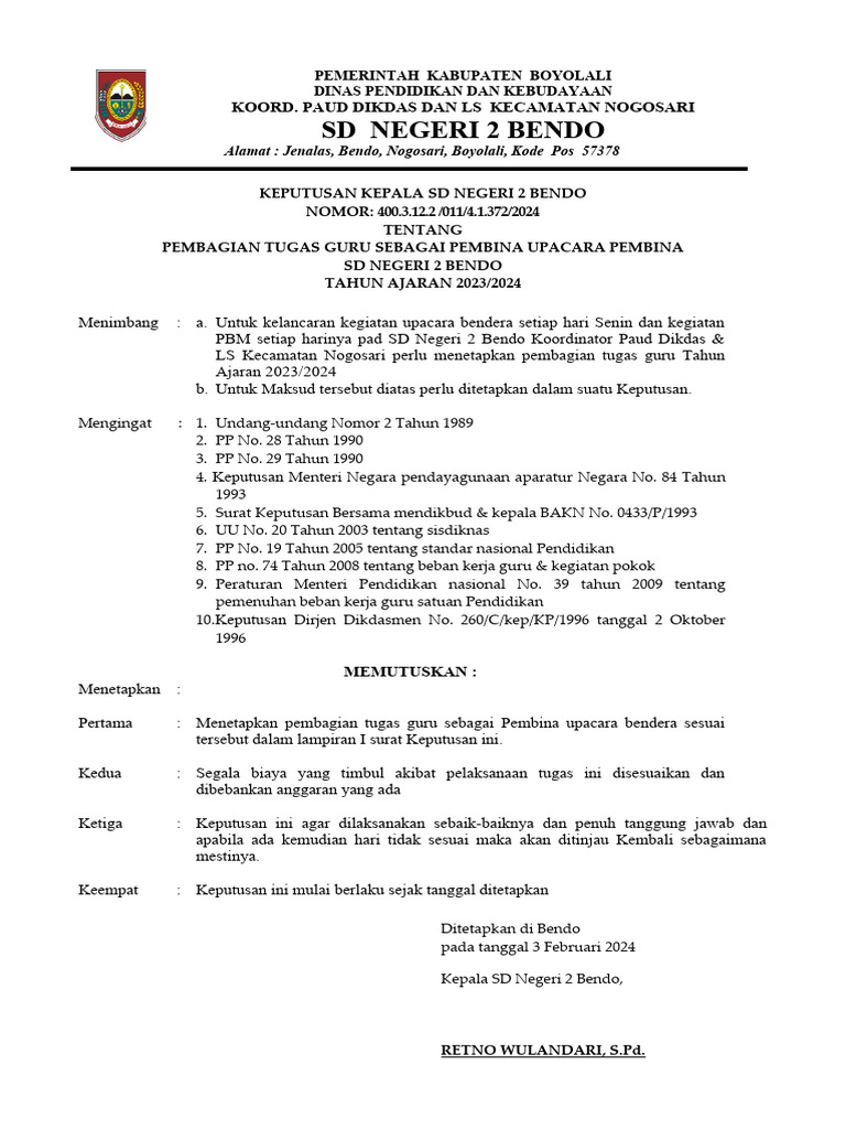 Tugas Pembina Upacara SDN 2 Bendo 2023/2024 | PDF