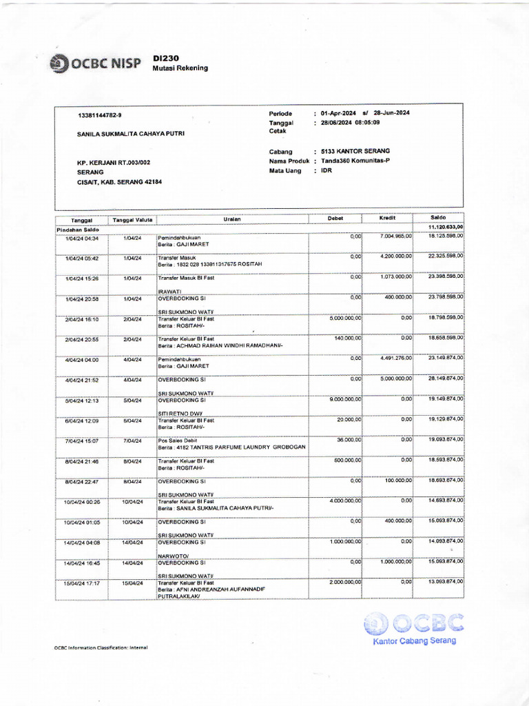 Contoh REKening KORAN Ocbc | PDF
