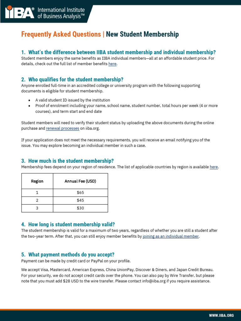 IIBA Student Membership FAQs | PDF | Credit Card | Visa Inc.