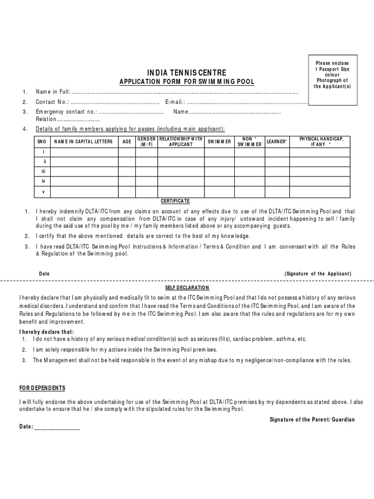 Swimming Pool Membership Application Form | PDF | Swimming | Snorkeling
