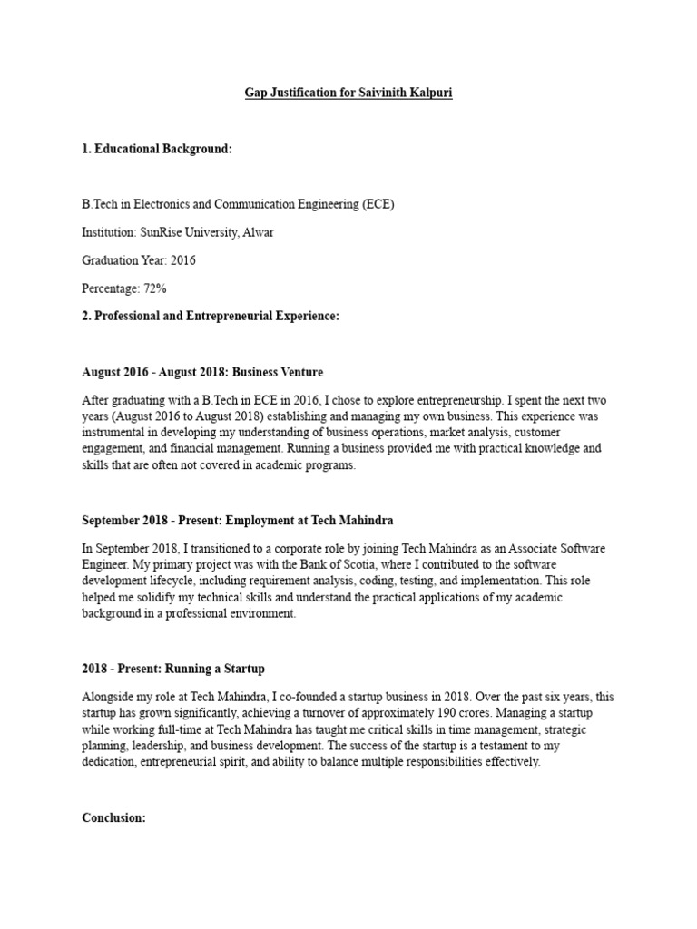 VINITH_GAP_JUSTIFICATION | PDF | Startup Company | Small Business & Entrepreneurs