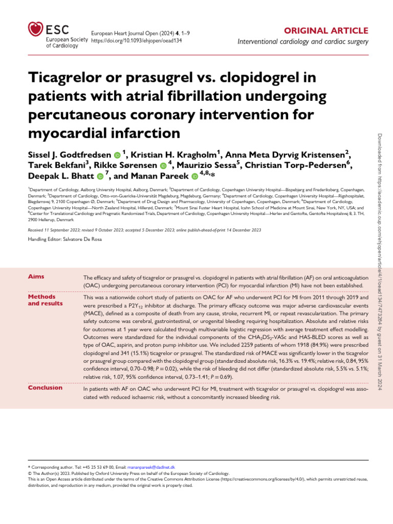 Ticagrelor or Prasugrel vs. Clopidogrel in Patients With Atrial Fibrillation Undergoing ...