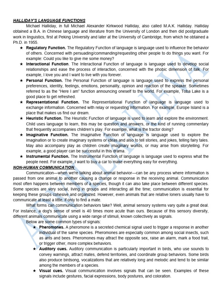 Halliday's Language Functions and Non-human Communication | PDF ...