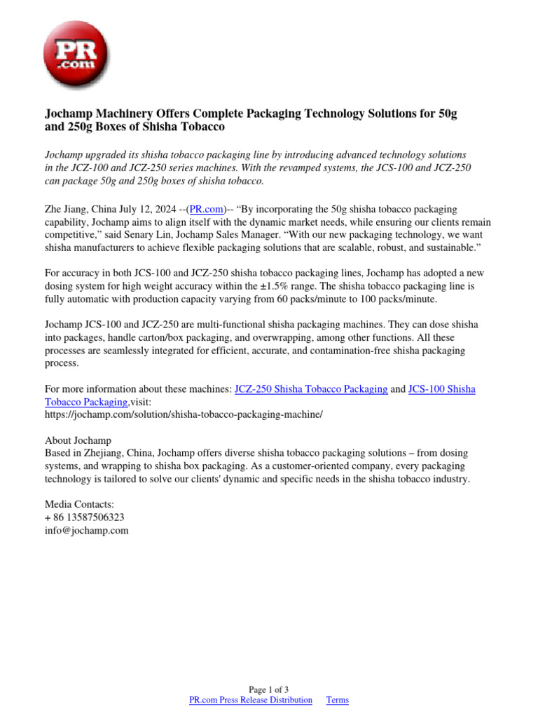 Jochamp Machinery Offers Complete Packaging Technology Solutions For 50g and 250g Boxes of ...