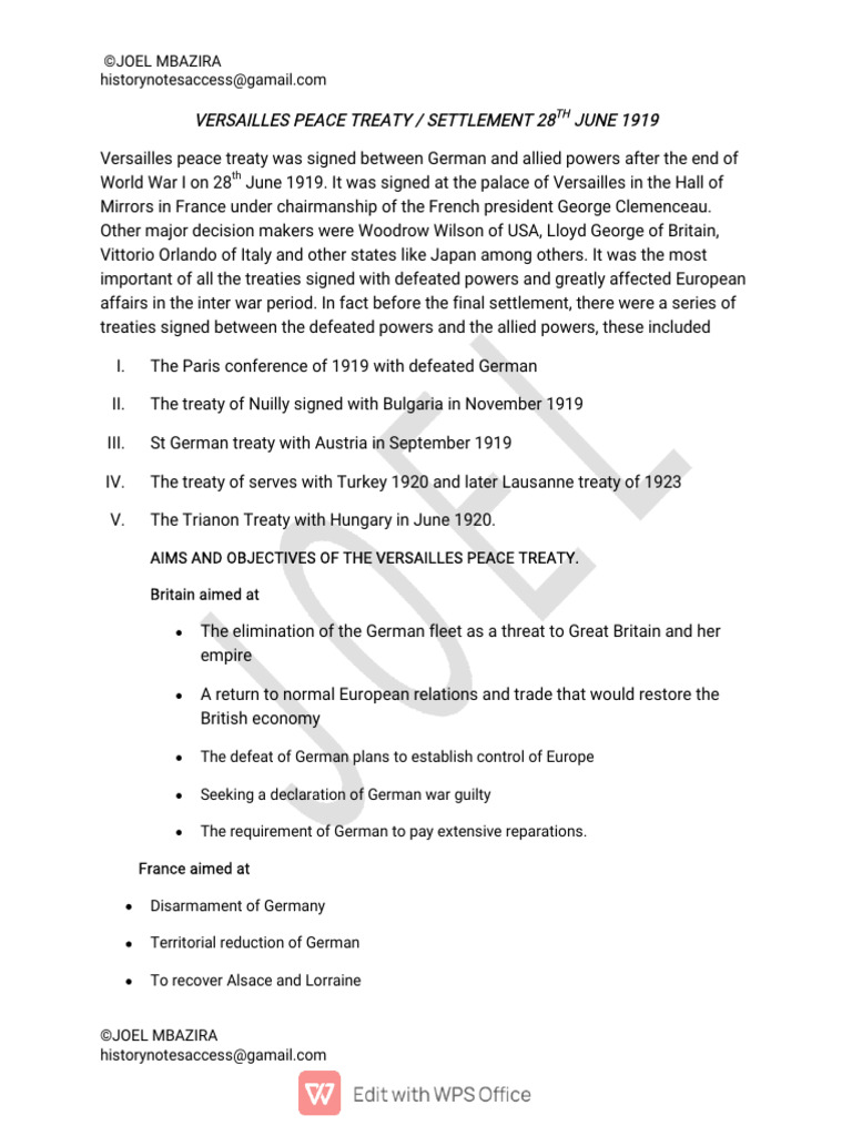 The Versailles Peace Treaty and Settlement | PDF