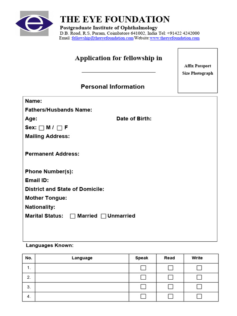 Fellowship Application Form - Eye Foundation | PDF | Ophthalmology ...