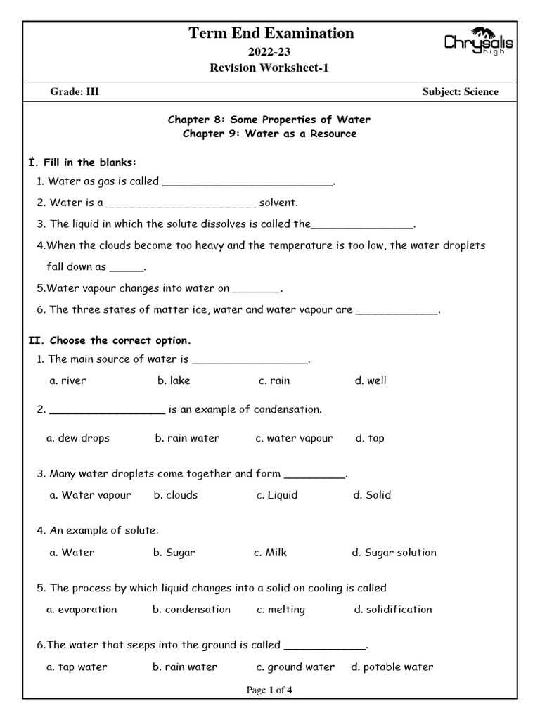 Grade III - Science - Revision Worksheets | PDF | Water | Water Vapor