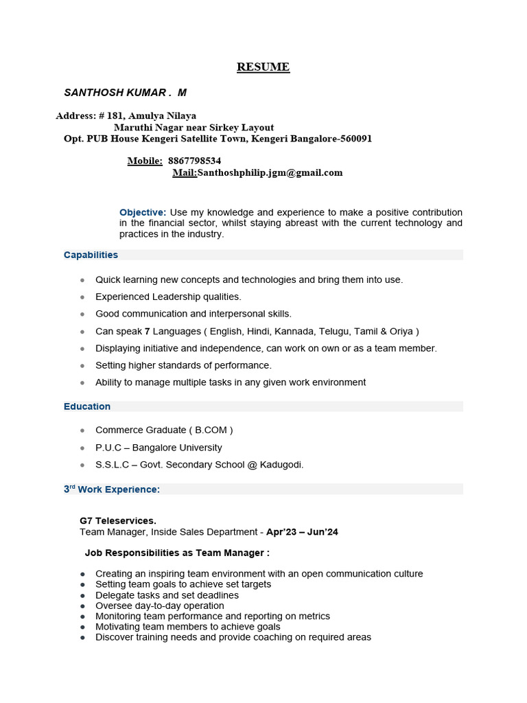 Santhosh Updated Resume | PDF | Sales | Business