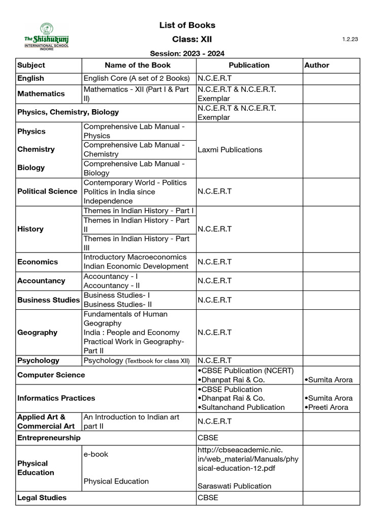 Class 12 Book List 2023 Class XII | PDF | Science