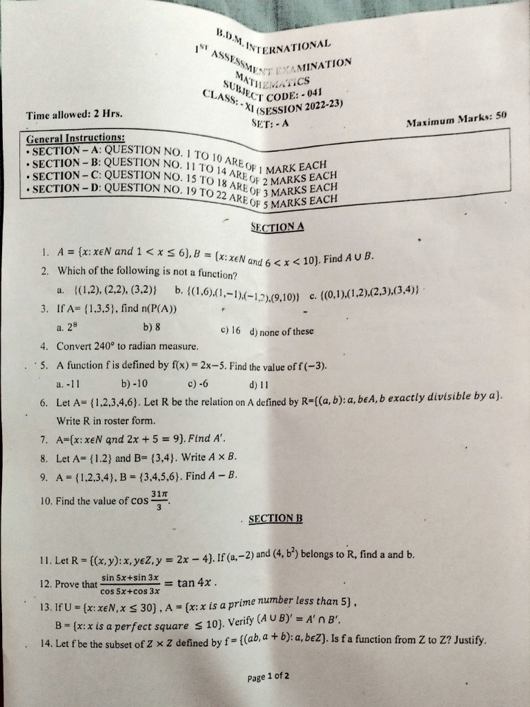 Maths 1st Assessment Pyqs | PDF