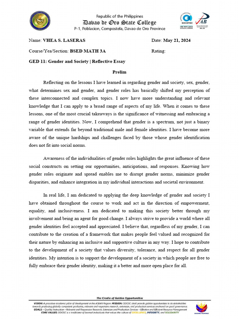 GED 11 Gender and Society Reflective Essay Laseras V | PDF | Gender ...