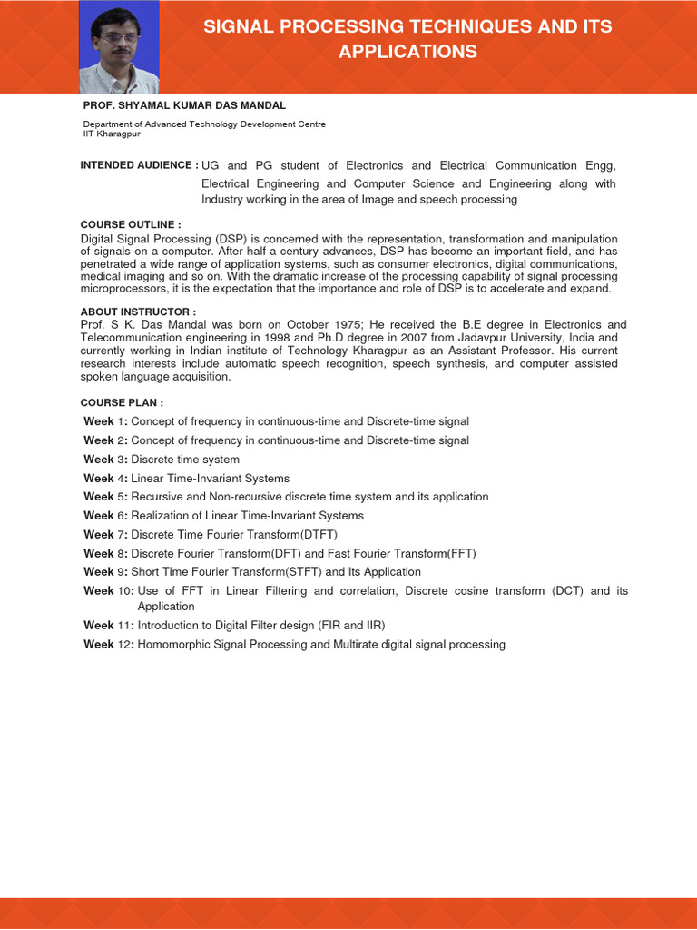 Signal Processing Techniques and Its Applications: Prof. Shyamal Kumar Das Mandal | PDF | Computers