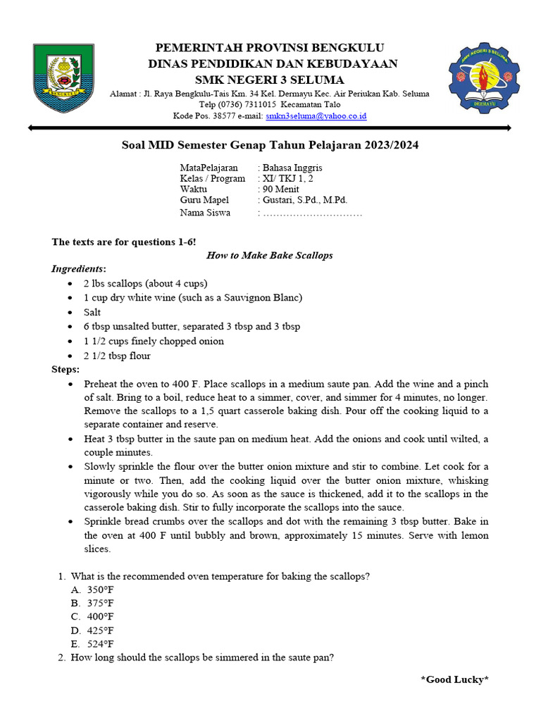 Soal Mid Semester Bahasa Inggris Kelas Xi Jurusantkj 1, 2 | PDF | Tablespoon | Public Transport