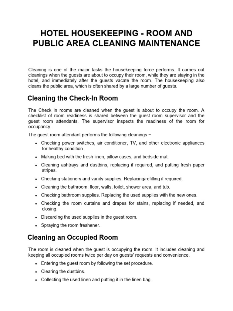 Hotel Housekeeping Room and Public Area Cleaning Maintenance | PDF | Housekeeping | Bathroom