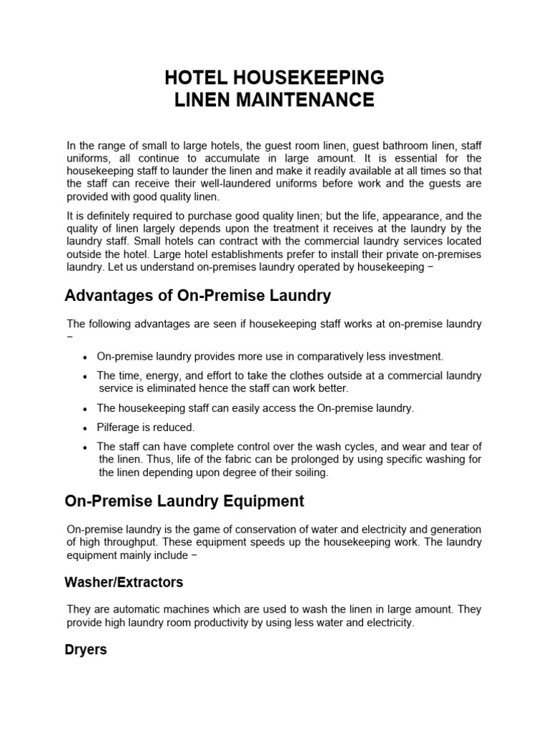 Hotel Housekeeping Linen Maintenance | PDF | Washing Machine | Laundry