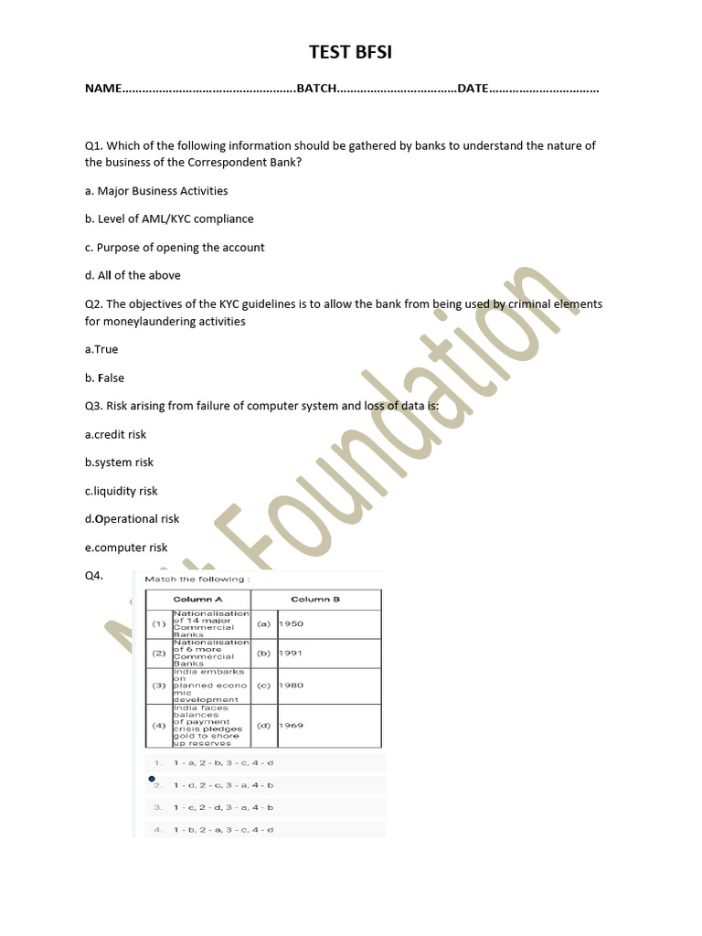 Bfsi 2 Test | PDF | Banks | Automated Teller Machine