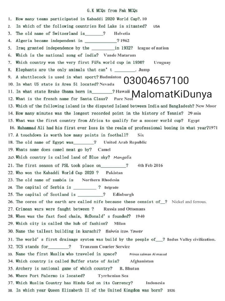 General Knowledge One Liner MalomatKiDunya03004657100 | PDF