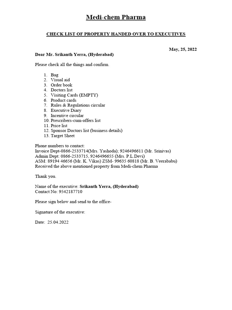 CHECK LIST FOR PROPERTY HANDOVER TO SEs | PDF