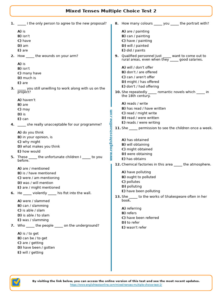 1835 Mixed Tenses Multiple Choice Test 2 | PDF