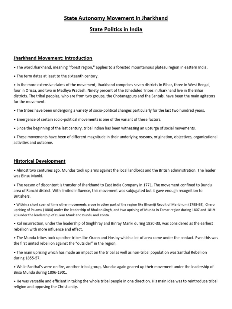 State Autonomy Movement in Jharkhand State Politics in India | PDF