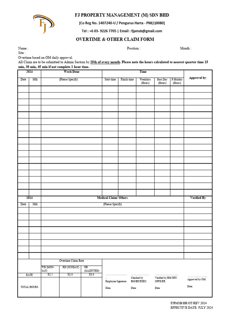 Overtime & Claims Form 2024 | PDF | Working Time