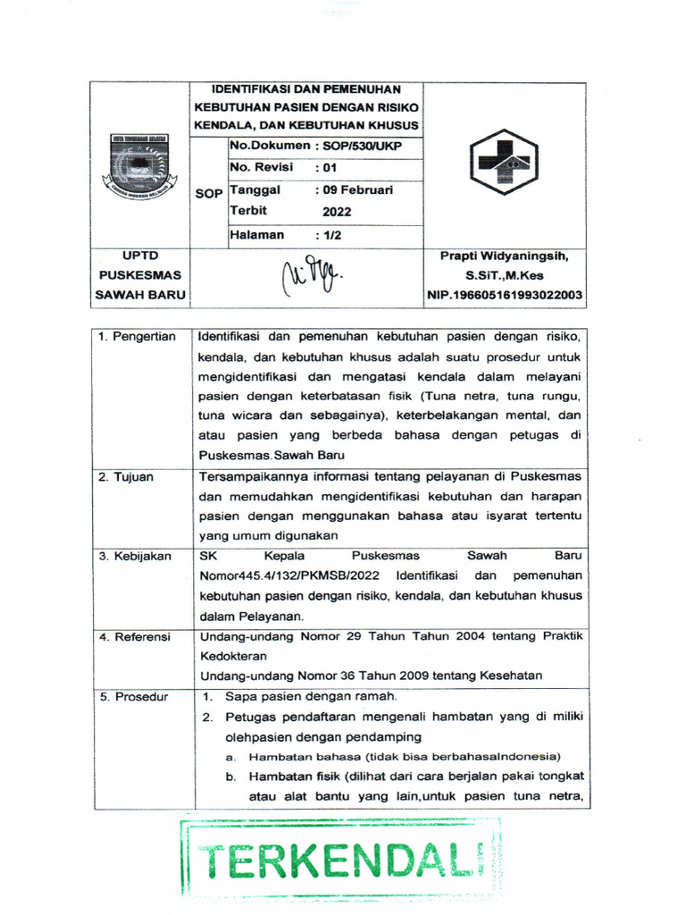 3.1.1.a 2) Sop Identifikasi Pemenuhan Kebutuhan Pasien Dengan Resiko Kendala Dan Kebutuhan ...