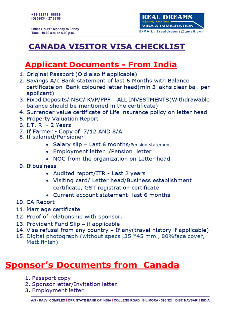 Canada Visitor Visa Checklist for Indians | PDF