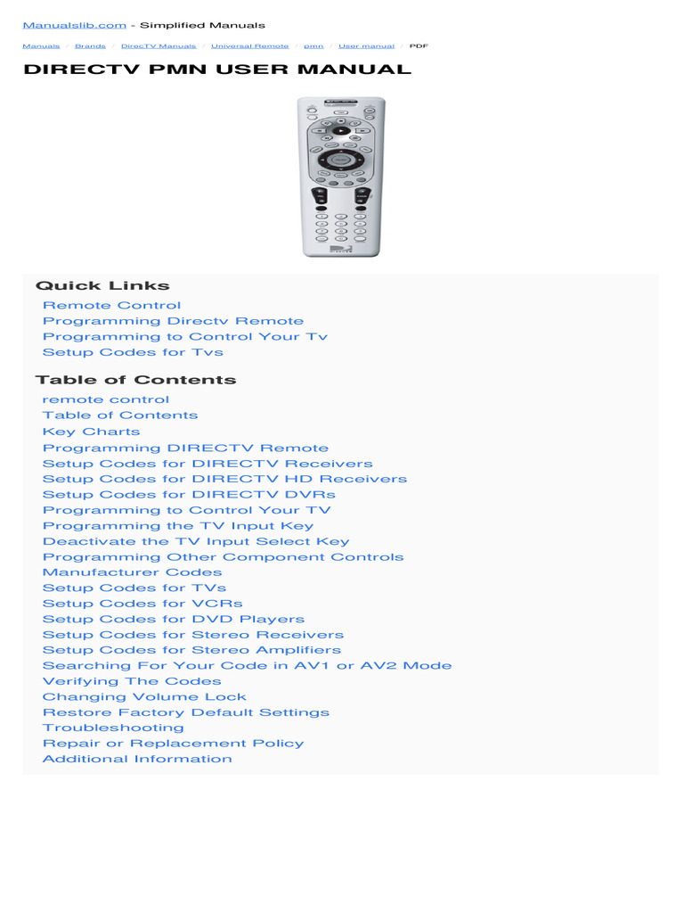 Directv PMN User Manual: Quick Links | PDF | Direc Tv | Remote Control