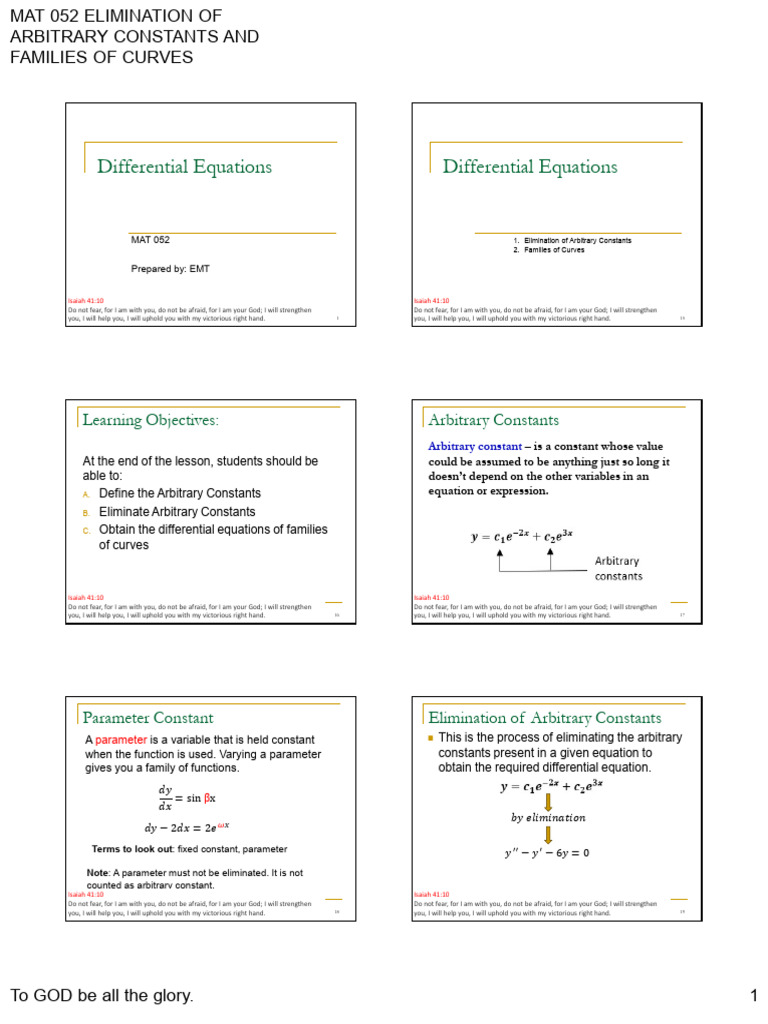 Mat 052 Lesson 2 Elimination Of Arbitrary Constants And Families Of