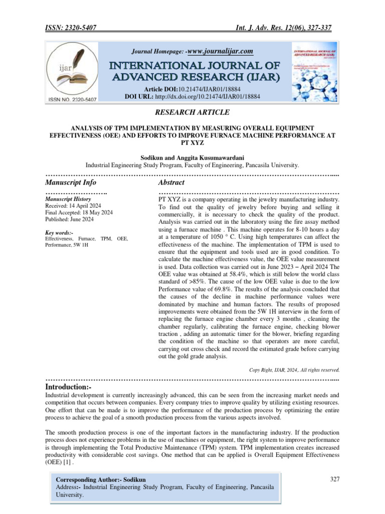Analysis of TPM Implementation by Measuring Overall Equipment Effectiveness (Oee) and Efforts To ...