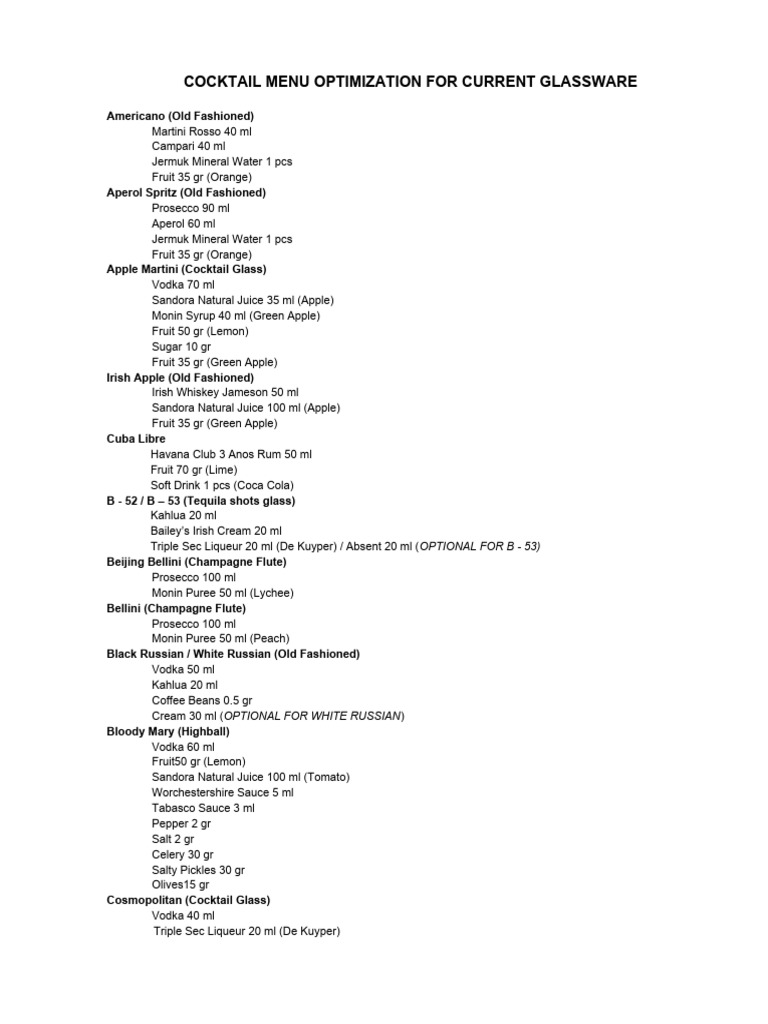 Cocktail Calculations-Optimization | PDF | Martini (Cocktail) | Cocktails