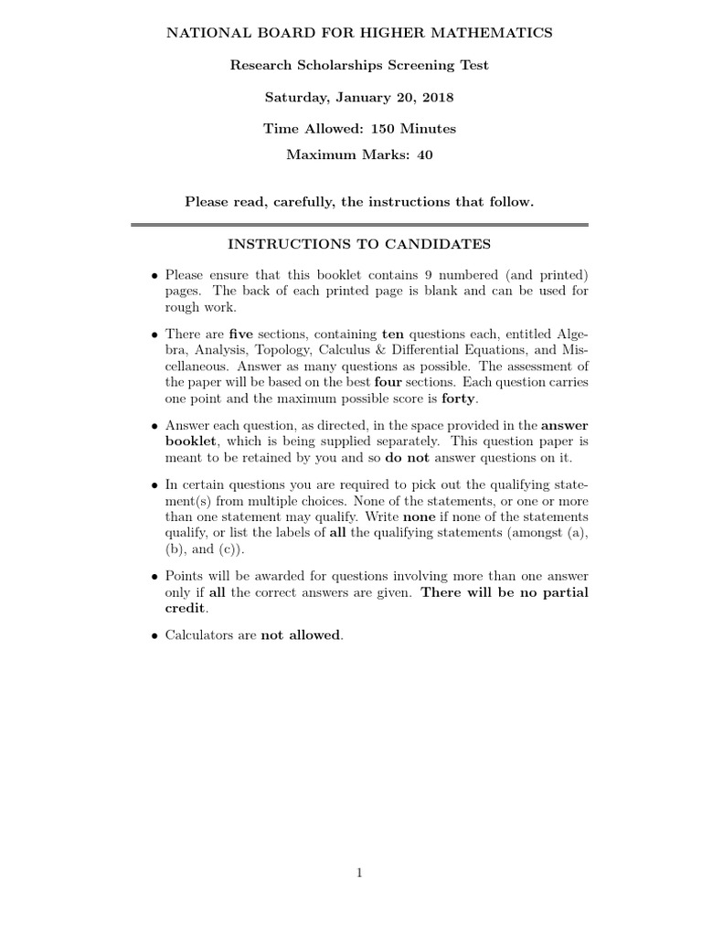 NBHM PhD Research Test Instructions | PDF | Real Number | Mathematical ...