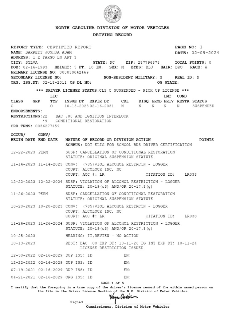 North Carolina Driving Record | PDF | Department Of Motor Vehicles ...