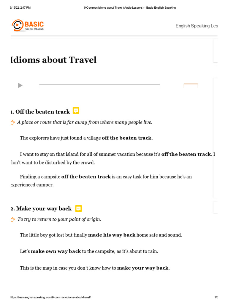 9 Common Idioms About Travel (Audio Lessons) - Basic English Speaking | PDF