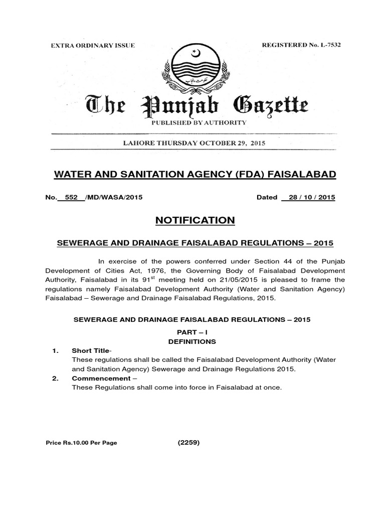 Wasa Faisalabad Sewerage and Drainage Regulations 2015 | PDF | Sanitary ...