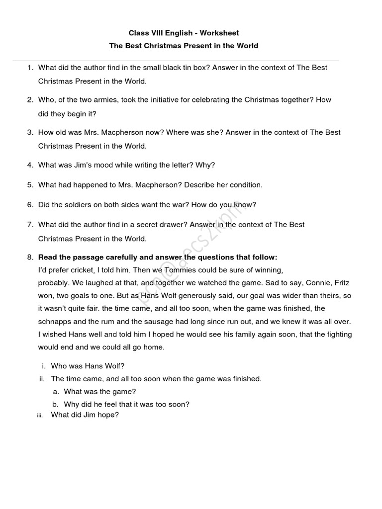 Class VIII Worksheet: Christmas Story Analysis | PDF