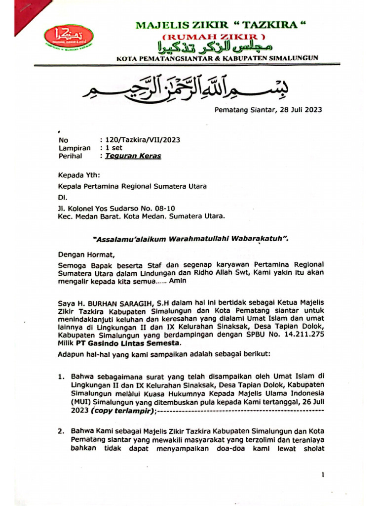 Surat Majelis Zikir Tazkira | PDF