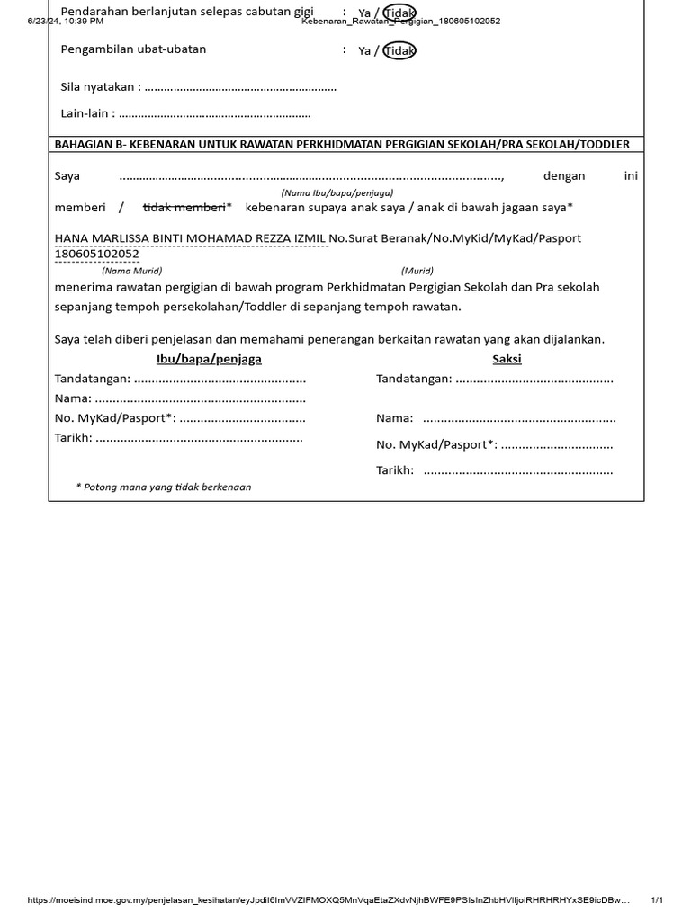 Kebenaran Rawatan Pergigian 180605102052 | PDF