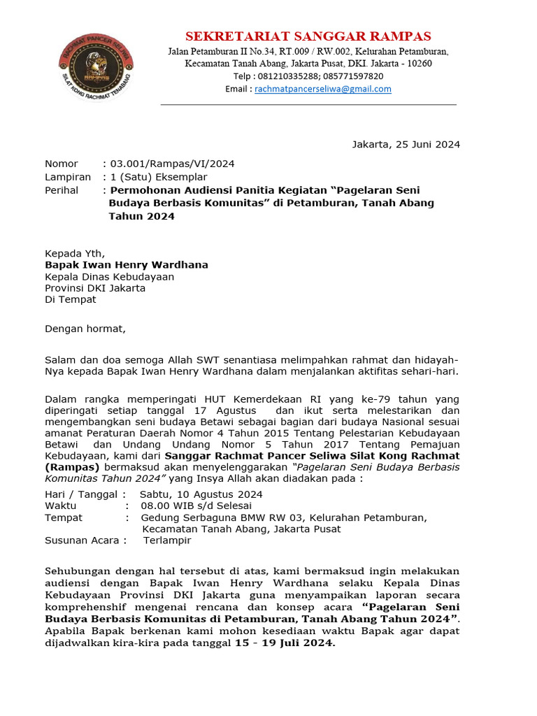 Surat Permohonan Audiensi Kepada Kepala Dinas Kebudayaan DKI Jakarta | PDF
