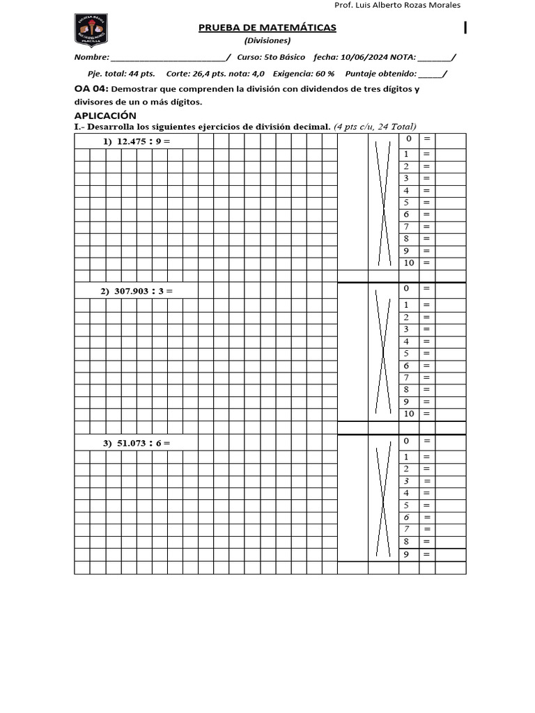 Prueba de Divisiones para 5to Básico | PDF