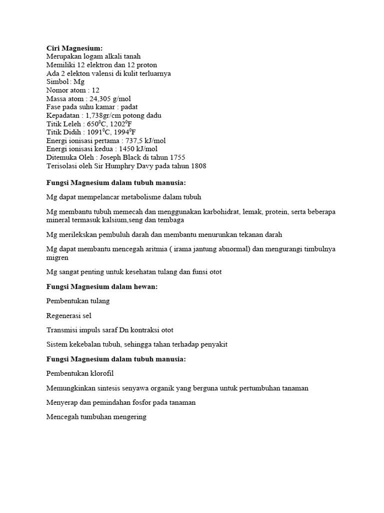 Fungsi dan Sifat Unsur Magnesium | PDF