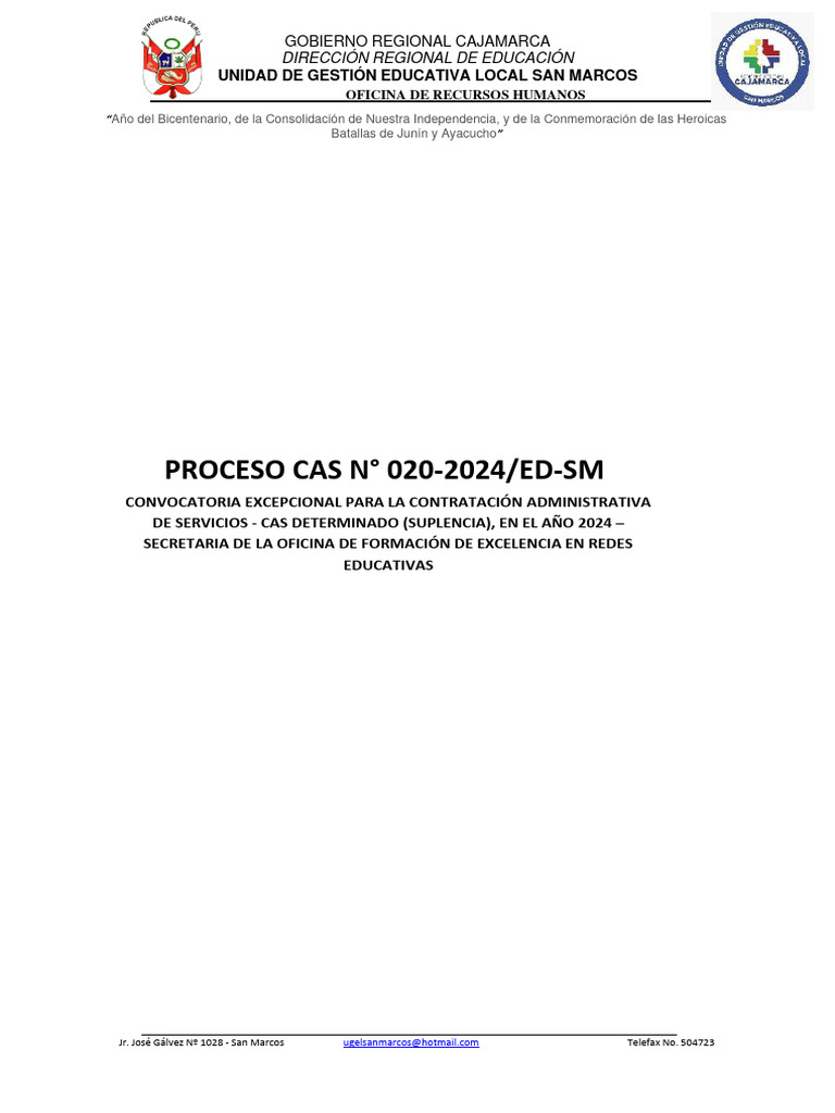 Convocatoria CAS 2024: Secretaria UGEL San Marcos | PDF | Documento de ...
