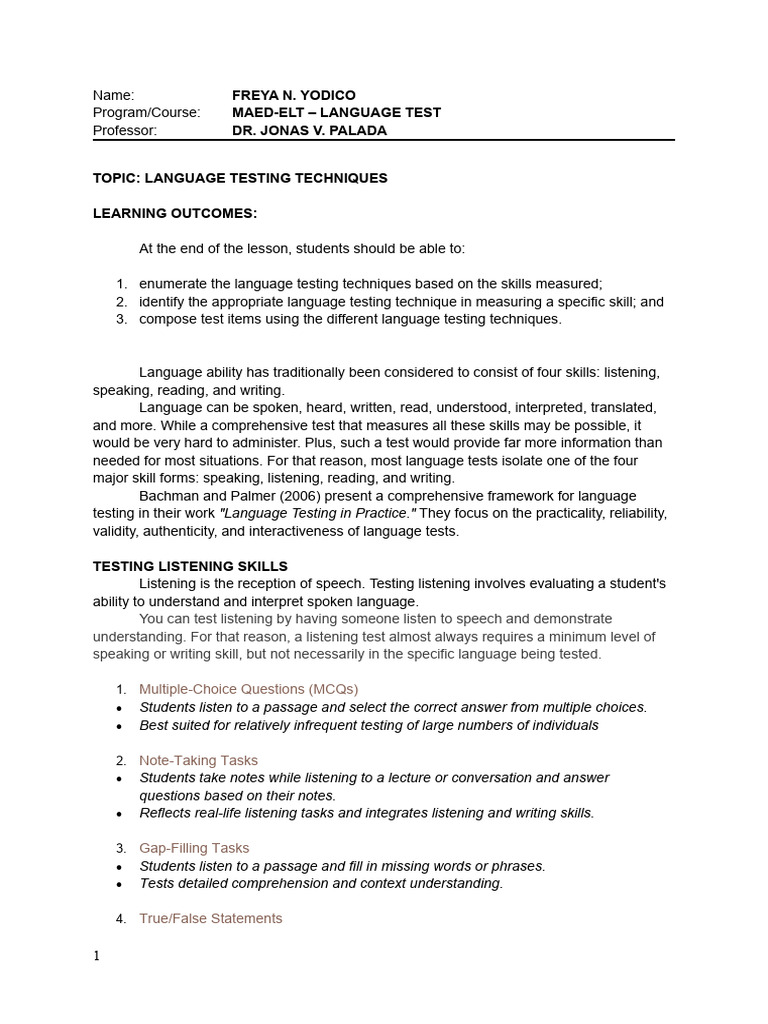 Language Testing Techniques Overview | PDF | Reading Comprehension ...